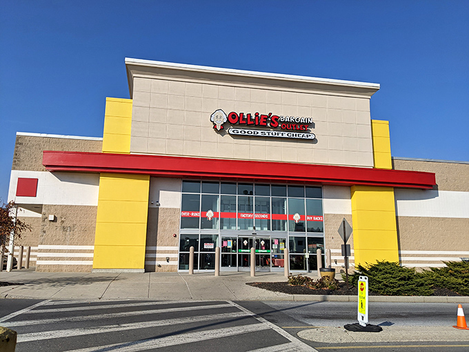 Another angle of retail paradise &ndash; Ollie's bold exterior practically screams "your wallet is safe with us" while your shopping cart has other plans.