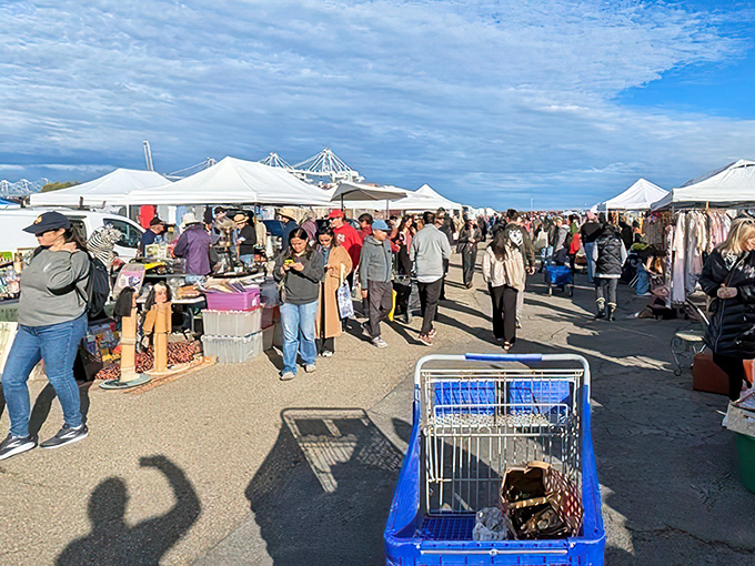 The bustling market comes alive as shoppers navigate rows of white tents. That blue shopping cart might hold someone's next conversation piece.