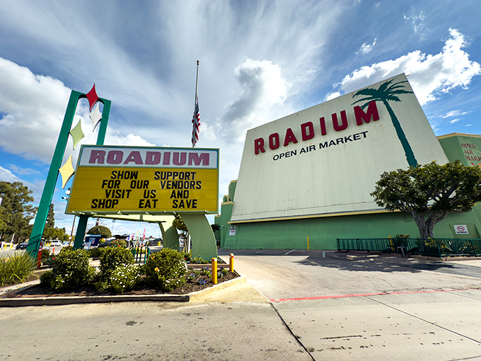The iconic Roadium sign welcomes treasure hunters to Southern California's ultimate weekend adventure destination.