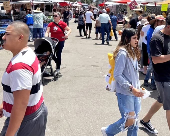 The human river of bargain hunters flows between colorful canopies, each shopper on their own treasure hunt through this asphalt bazaar.