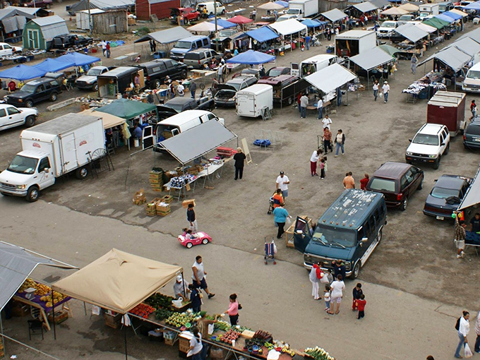 From above, the market resembles a produce symphony orchestra, with pickup trucks as the brass section and watermelons as the percussion. Florida's agricultural bounty on wheels!