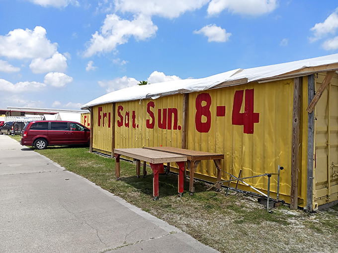 Weekend warriors converge on this retail wonderland where "Fri, Sat, Sun 8-4" promises endless treasure hunting adventures.