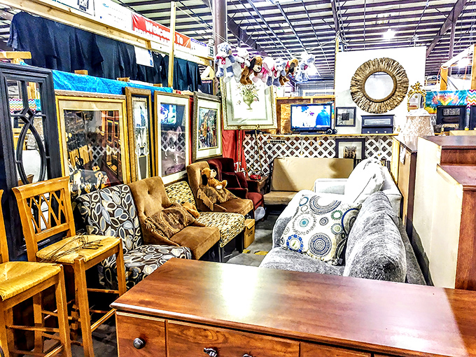 A treasure hunter's paradise awaits under the "Welcome to Brightleaf Market" sign, where colorful plastic tubs sit alongside endless rows of caps and trinkets.