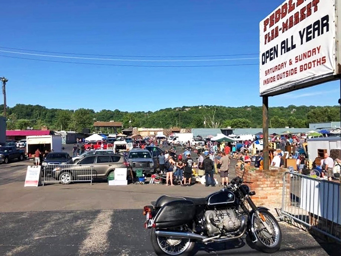 Like a retail time machine, this sign promises year-round bargain hunting. Rain, shine, or Ohio winter &ndash; the treasure quest never stops.