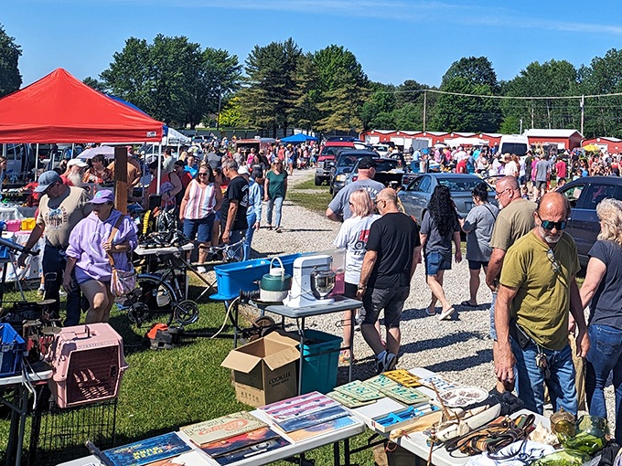 A treasure hunter's paradise unfolds under blue skies, where colorful tents house everything from vintage skateboards to yesterday's curiosities waiting for tomorrow's homes.