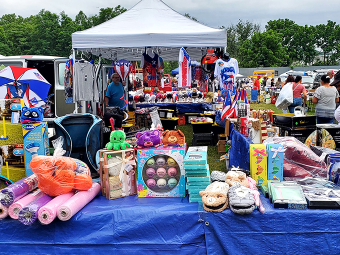 Treasure hunting at its finest! Tables overflow with colorful merchandise under white tents, where one person's castoffs become another's prized possessions.