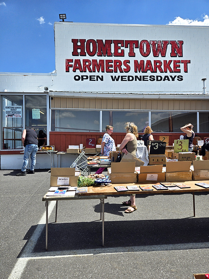 The bold red lettering of Hometown Farmers Market stands like a beacon of bargain-hunting promise against the clear Pennsylvania sky.