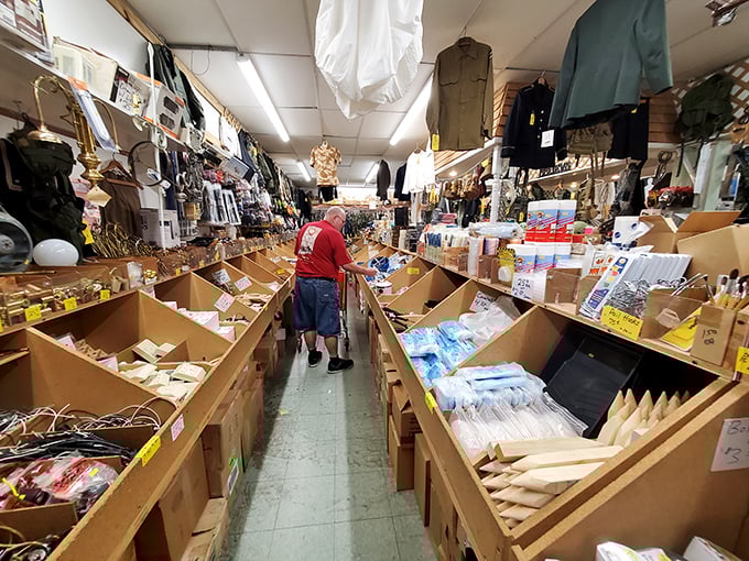 Navigate narrow aisles packed with everything from fishing lures to flashlights&mdash;a hardware store fever dream where organization meets controlled chaos.