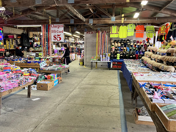 The covered pavilions at US 1 Metro Flea Market buzz with weekend energy as shoppers hunt for treasures among tables laden with colorful merchandise.