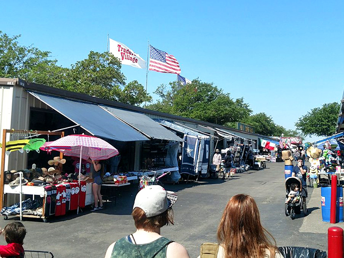 The classic Traders Village scene: colorful vendor stalls stretching to the horizon under that brilliant Texas sky. Shopping paradise or retail wilderness? Both!