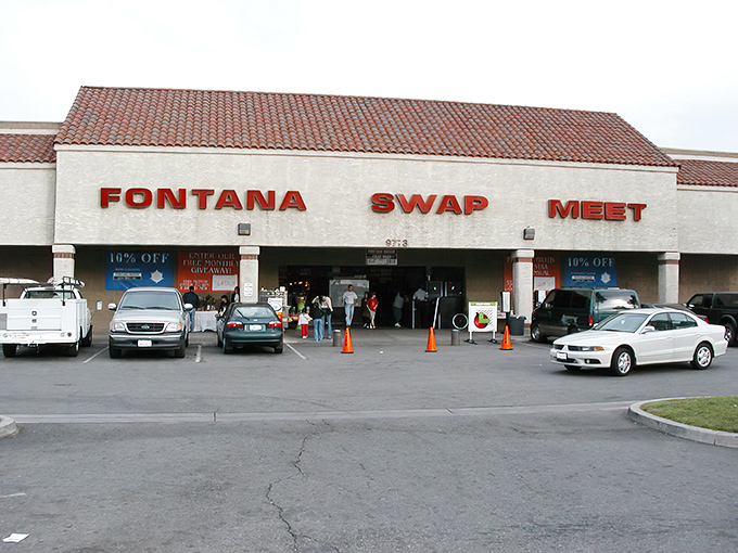 The unassuming exterior of Fontana Swap Meet beckons like a retail siren song. Behind that beige stucco and those red letters lies a treasure hunter's paradise waiting to be explored. 