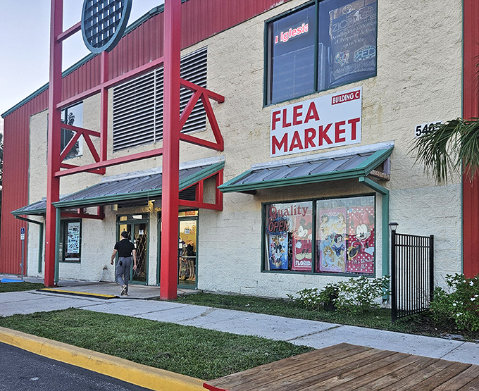 The distinctive red and cream exterior welcomes shoppers with Florida sunshine and the promise of treasures waiting just beyond those doors.