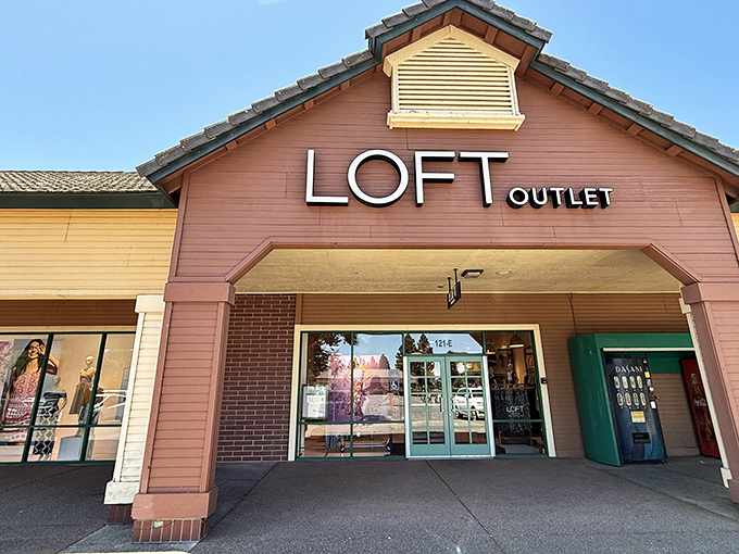 The salmon-colored facade of LOFT outlet welcomes shoppers with the promise of workplace wardrobe upgrades that won't require a second mortgage.