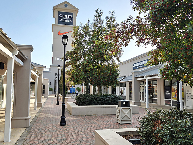 Wide, brick-paved walkways and elegant storefronts create the perfect backdrop for your bargain-hunting adventures at Outlets of Mississippi.