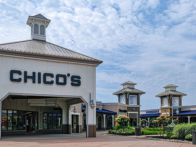 Chico's storefront stands as a beacon for fashion-forward shoppers. Those distinctive cupolas aren't just for show&mdash;they're signaling "deals ahead!"