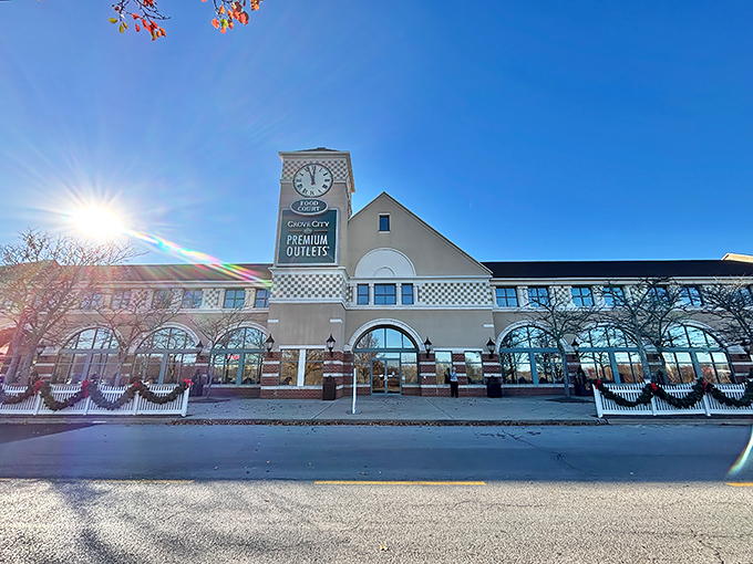 The iconic clock tower stands sentinel over bargain hunters, as if to say, "You've got all day, but tick-tock on those limited-time offers!"