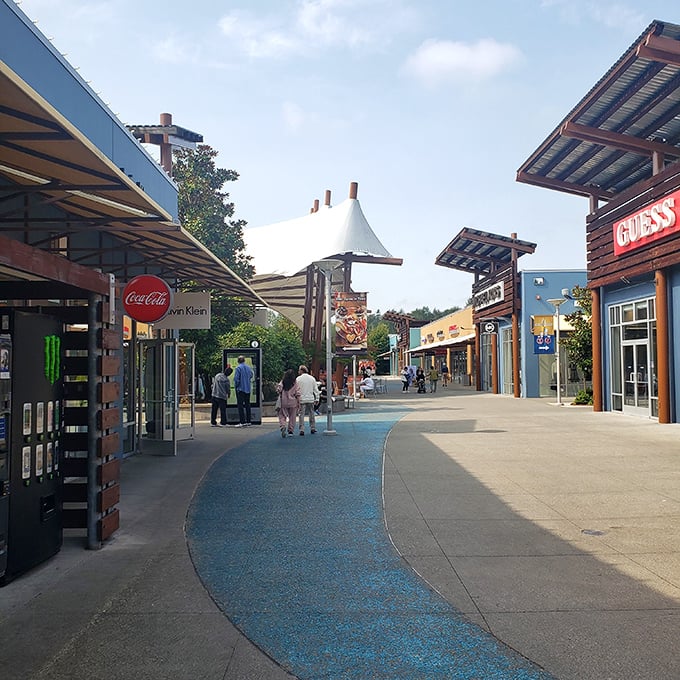 The winding pathways of Seattle Premium Outlets invite shoppers into a retail wonderland where designer dreams meet budget-friendly reality.