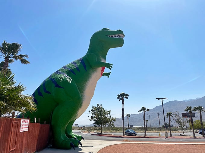 The mighty T-Rex stands sentinel along Interstate 10, greeting travelers with a toothy grin that says, "Welcome to the Jurassic detour you never knew you needed."