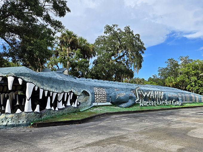 The ultimate Florida greeting committee: a 200-foot concrete alligator whose gaping jaws serve as the park's entrance. Talk about making a first impression!