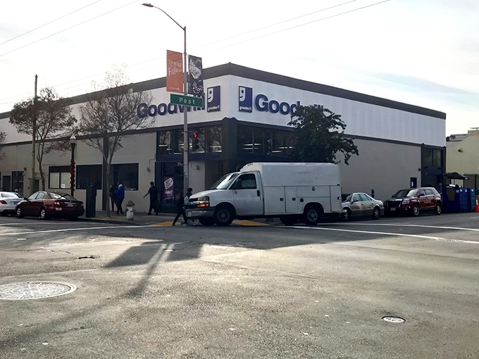 The unassuming exterior of Fillmore Street's Goodwill hides a universe of possibilities within. Like a treasure chest disguised as a building.