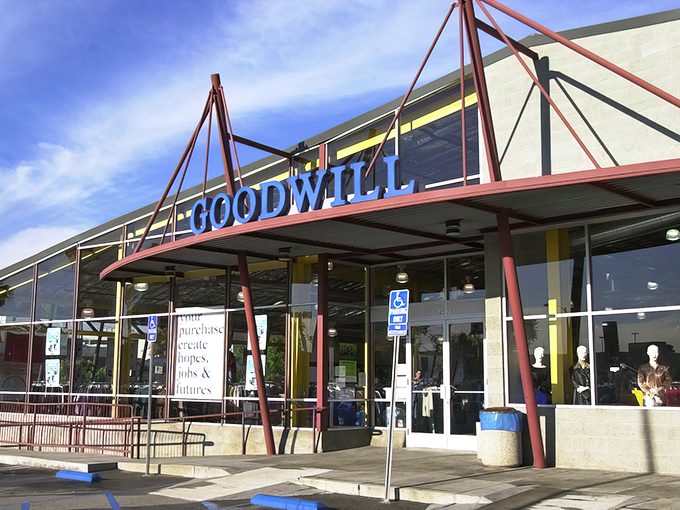 The gateway to treasure hunting paradise! Goodwill's welcoming facade promises adventures in sustainable shopping where one person's castoffs become another's conversation pieces.