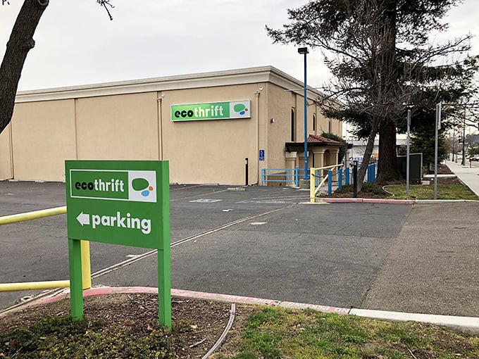 The unassuming exterior of Eco Thrift belies the treasure trove within. That little green sign might as well say "Abandon budget, all ye who enter here."
