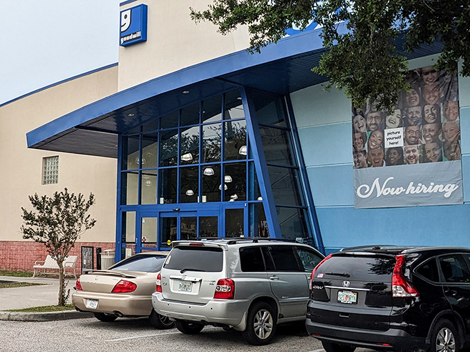 The blue-framed entrance of Goodwill Lakeland Superstore beckons like a portal to bargain paradise. Florida thrifting at its finest!