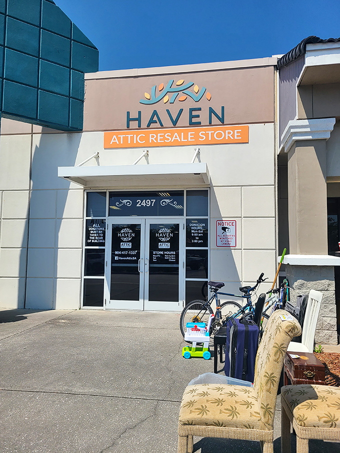 Donations await their second chance outside Haven's entrance, where yesterday's patio furniture becomes tomorrow's conversation piece.