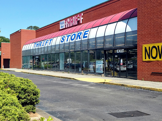 The iconic red awning of Park Avenue Thrift beckons bargain hunters like a retail lighthouse guiding ships full of empty wallets safely to shore.