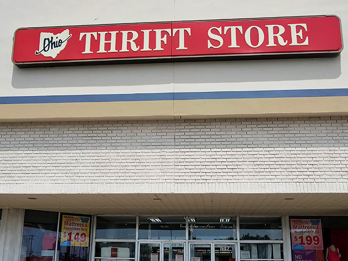 The iconic red sign beckons like a lighthouse for bargain hunters. Ohio's thrifting paradise awaits behind these unassuming doors.