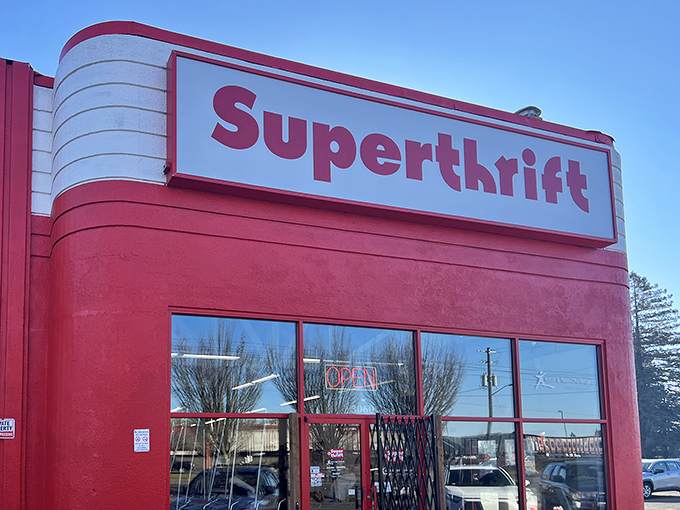 SuperThrift's bold red and white exterior stands like a retro superhero headquarters for bargain hunters in Salem.