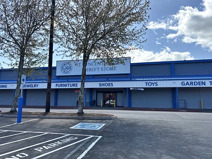 That blue and white storefront promises retail therapy without the financial trauma of designer boutiques.