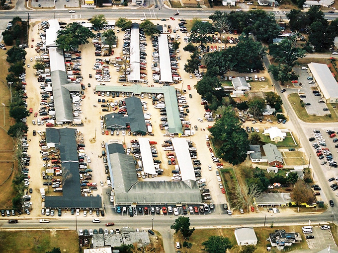 From above, T&W Flea Market resembles a small city of bargains, with metal-roofed pavilions creating a treasure hunter's paradise that's visible from space—or at least from a decent drone.