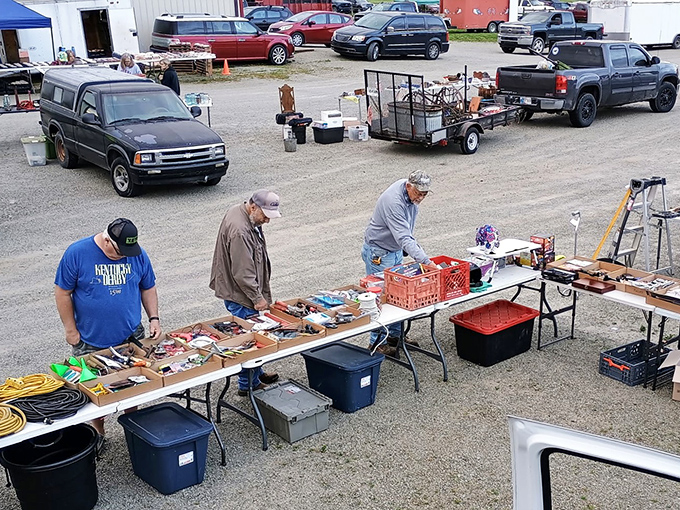 Treasure hunters examine tables laden with tools and gadgets. One man's junk becomes another's essential garage addition at this sprawling marketplace.