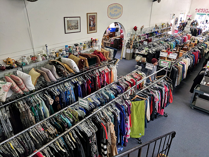 Clothing racks stretch like a fashionista's dream highway—where yesterday's impulse buys become tomorrow's vintage finds at prices that'll make your credit card sigh with relief.