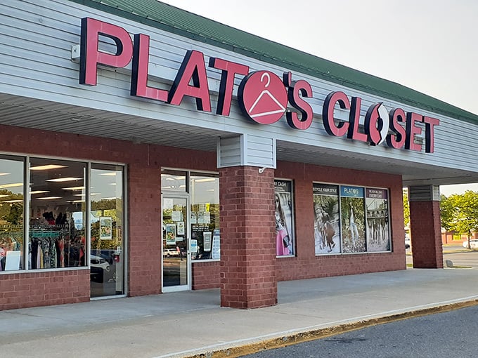 The iconic pink sign beckons like a fashion lighthouse, guiding budget-conscious shoppers to this treasure trove of second-hand style in Newark.