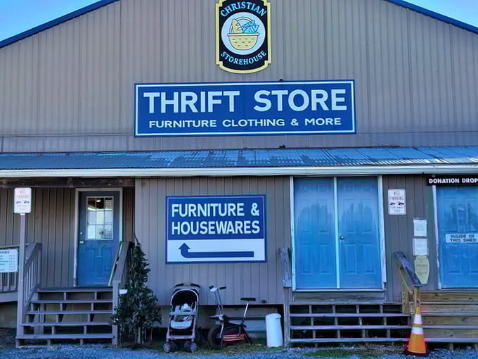 The unassuming exterior of Christian Storehouse in Millsboro hides a treasure trove within, like finding a secret portal to bargain heaven.