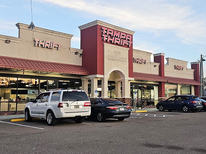 Tampa Thrift's distinctive red and beige exterior stands out on Dale Mabry Highway like a beacon for bargain hunters with champagne taste on a beer budget.