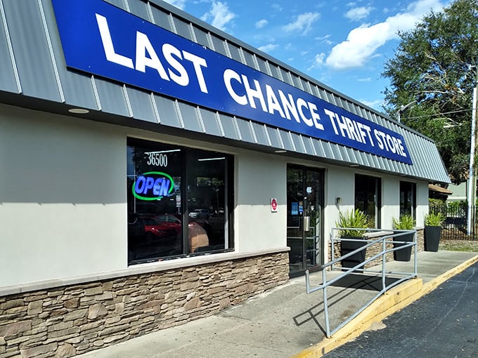 The blue sign beckons like a retail siren song, promising treasures within this unassuming Palm Harbor storefront. Your wallet is already sighing with relief.