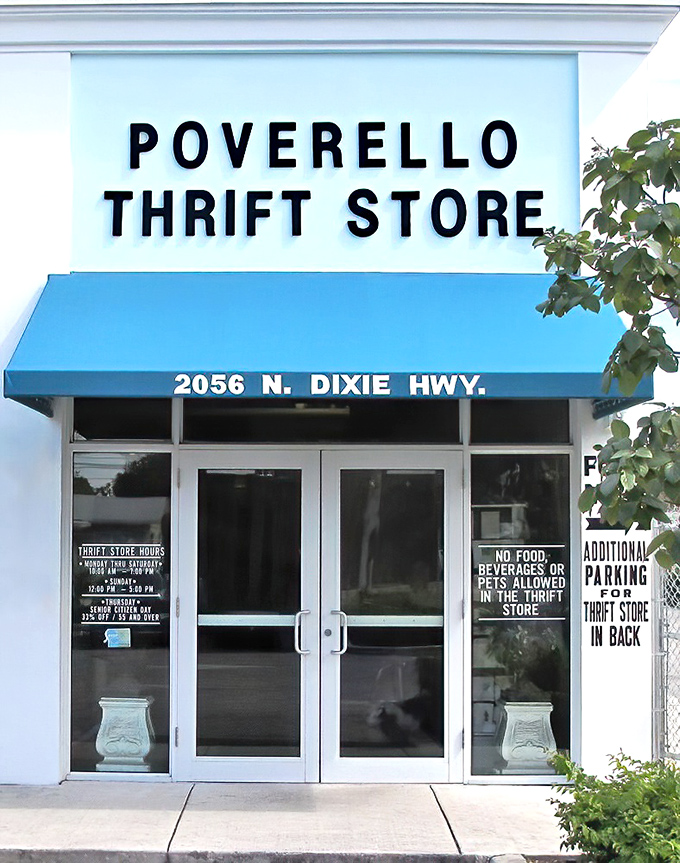 The unassuming storefront of Poverello Thrift Store belies the wonderland of treasures waiting inside. Florida's palm trees stand guard outside this bargain hunter's paradise.