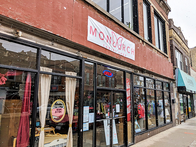The historic brick fa&ccedil;ade of Monarch Thrift Shop stands as a testament to Chicago architecture, where vintage charm meets modern bargain hunting.