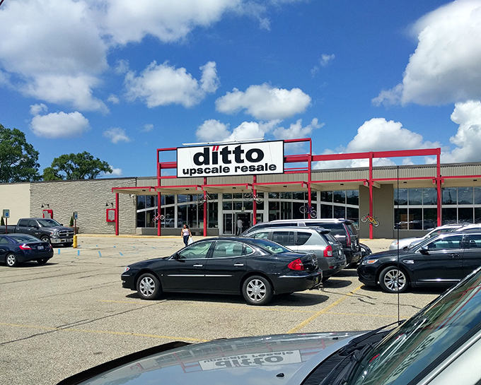 The bright red trim of Ditto Upscale Resale stands out against Michigan's blue sky like a beacon for treasure hunters everywhere.