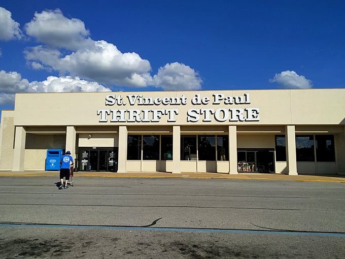 The unassuming exterior of St. Vincent de Paul Thrift Store in St. Louis &ndash; where treasure hunters begin their quest for secondhand gold.