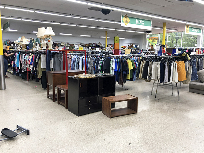 Treasure hunters paradise! Rows upon rows of clothing racks await exploration, each one potentially hiding that perfect vintage find you never knew you needed.