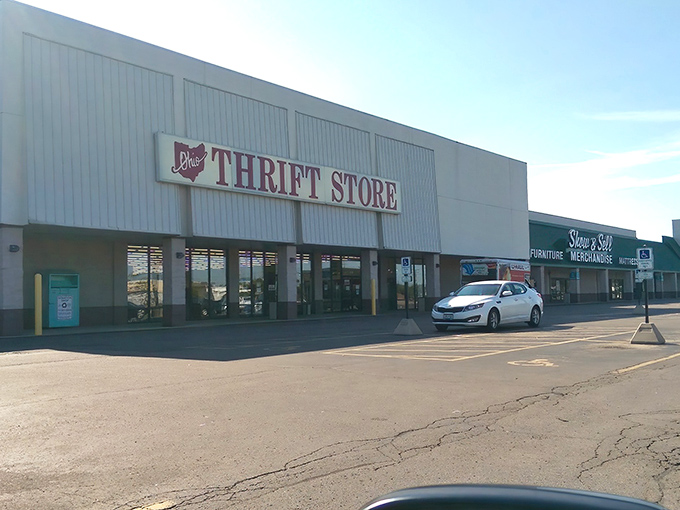 The unassuming exterior of Ohio Thrift Store belies the treasure trove within—like finding a five-star restaurant in a strip mall.