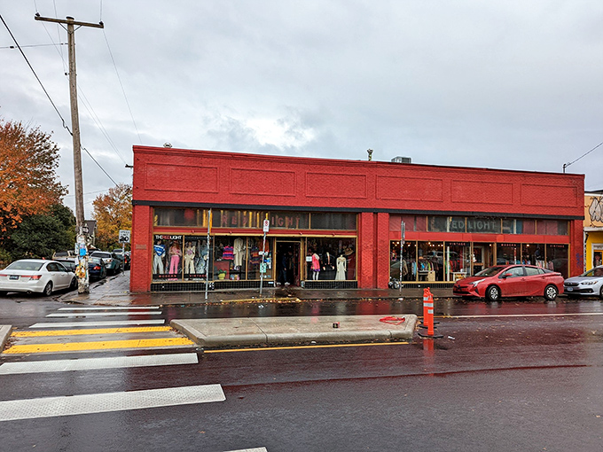 The unmistakable crimson facade of Red Light Clothing Exchange stands out even on Portland's rainiest days, a beacon for treasure hunters and fashion adventurers alike.