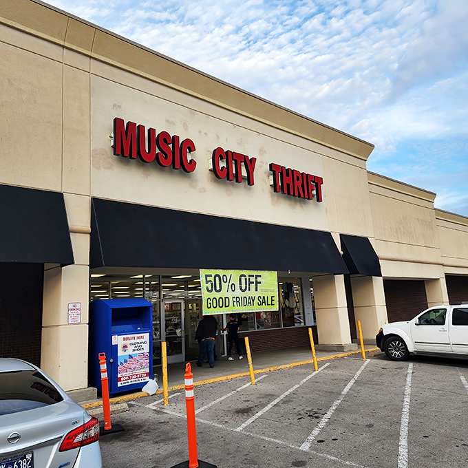 The bold red letters of Music City Thrift beckon bargain hunters like a siren song for the fiscally responsible. Good Friday sales await!