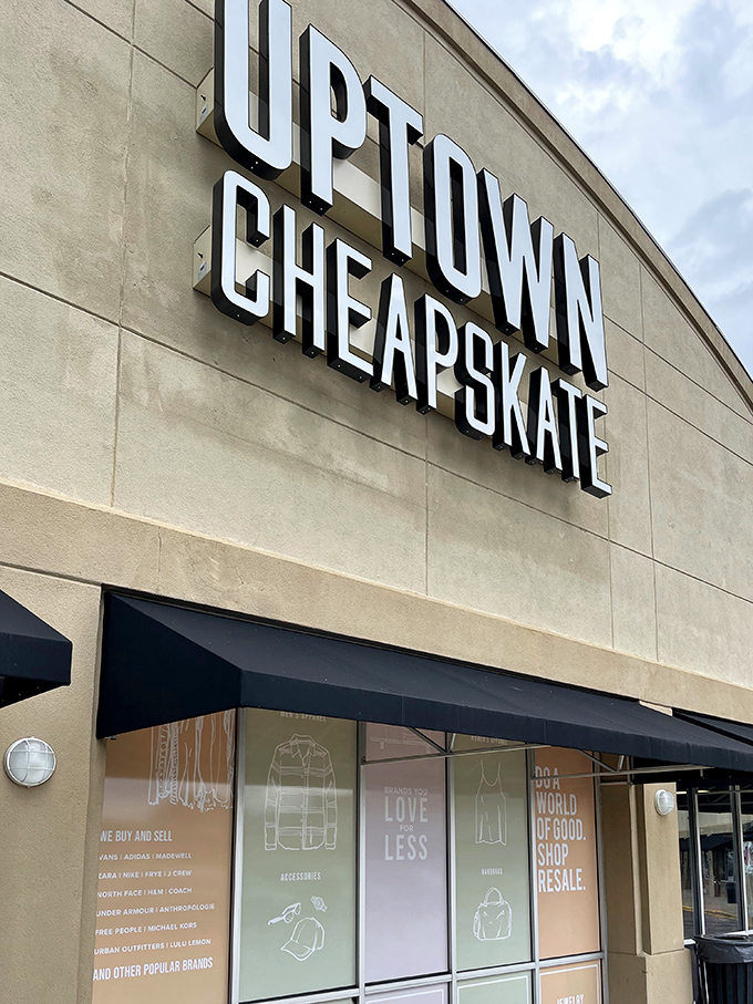 The storefront sign beckons like a siren call to bargain hunters. Bold letters promising fashion treasures without the retail markup.