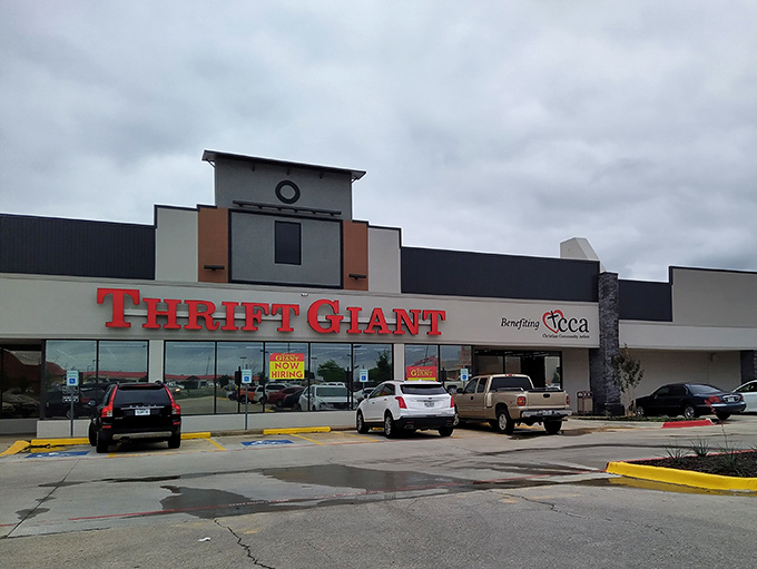 The iconic red Thrift Giant sign stands out against the Texas sky like a beacon for bargain hunters everywhere.