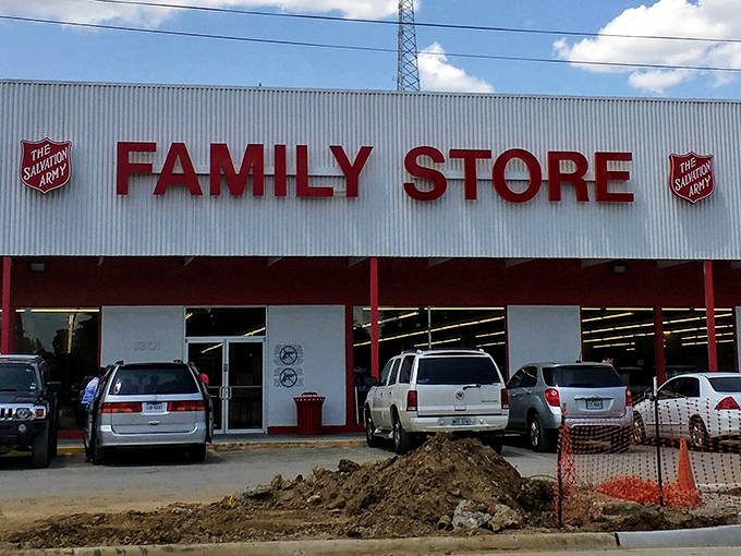 The iconic red signage of the Salvation Army Family Store beckons bargain hunters like a retail lighthouse in a sea of overpriced shopping options.